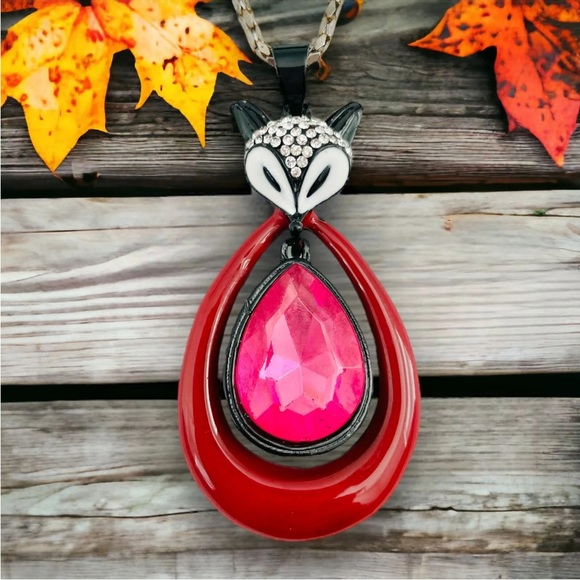 Jewelry | Crystal Enamel Pink Teardrop Rhinestone Fox Pendant Necklace ...